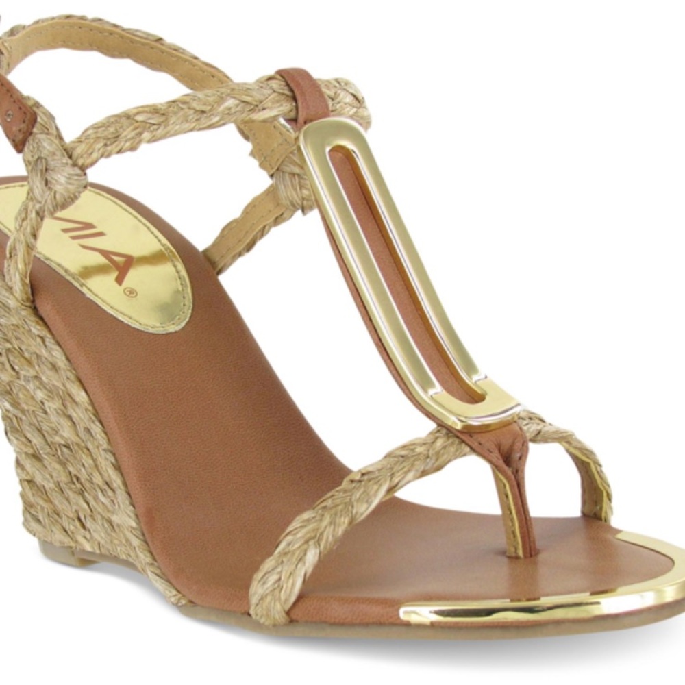 Mia Tracy Straw Wedge Sandal Natural Tan Gold Women's… - Gem